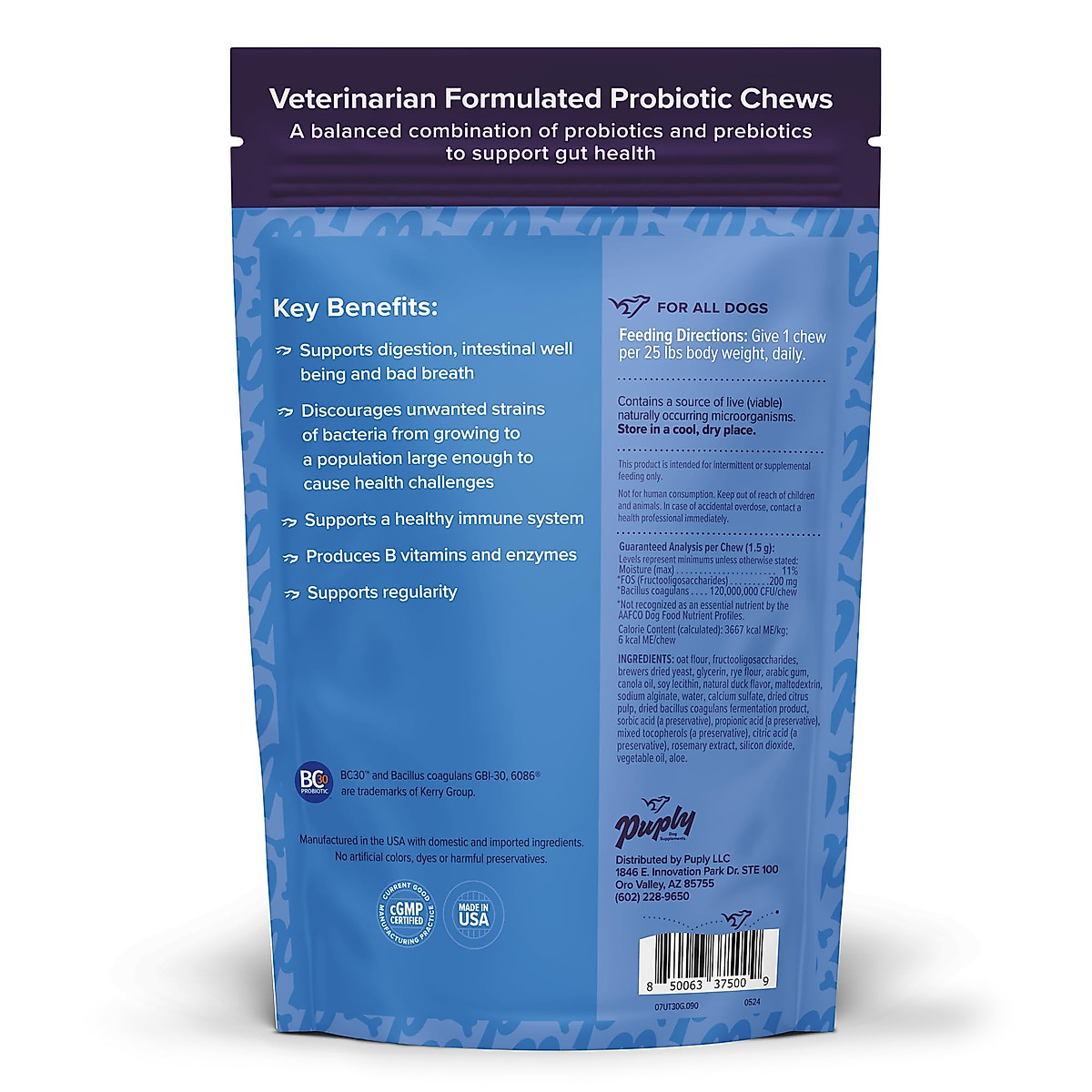 Puply Probiotics for Dogs- Veterinarian-Formulated- Beneficial Prebiotics and Probiotics- Supports Digestive, Immune, Gut Health, Allergy, Diarrhea, Yeast, Itching- Soft Chews- 90 Count- Duck Flavor