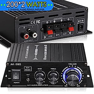Facmogu AK280 200W+200W Mini 2.0 CH Audio Power Amplifier, 2.0 CH Receiver Speaker Amp with 12V 5A Power Supply, Bass & Treble Control Music Player Sound Amplifier for Car Home Garage