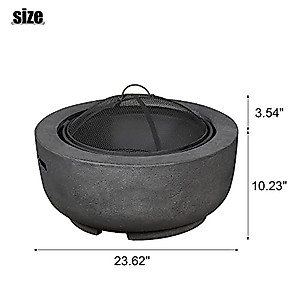 HOOOWOOO 24" Small Round Outdoor Fire Pits,Patio Concrete Wood Burning FirePit Bowl,Faux Stone Clay Firepits Table for Outside,Gray