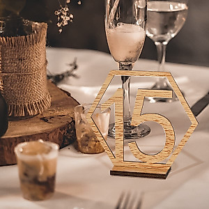 BravOne Wooden Table Numbers, Hexagon Shape 1-20 Wedding Table Numbers with Holder Base Rustic Hollow Out Wood Table Numbers Card for Wedding Party Event Catering Decoration (Hexagon)