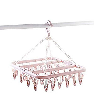 EKDJKK Clothes Drying Hanger with 32 Clips,Baby Clothes Drying Rack,Sock Clips for Laundry Foldable Clothes Hangers for Drying Socks,Towels,Underwear,Bras,Diapers,Baby Clothes,Gloves,Hats