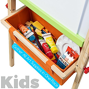 MEEDEN Easel for Kids, Double-Sided All-in-one Wooden Art Easel, Kids Art Easel Set with Paper Rolls, Magnetic Easel with Whiteboard & Chalkboard, Finger Paints, Accessories Easel for Toddlers
