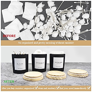 Ezebesta 3PCS Modern 13.53oz Black Bathroom Canisters with 12 Labels & Wooden Lid Thick Glass Jar Set Qtip Holder for Cotton Ball & Pads Storage Organization Minimalist Decor