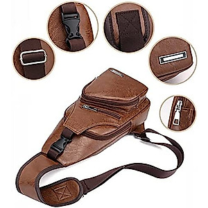 Men's Leather Sling Bag Multipurpose Daypack Shoulder Chest Crossbody Bag Black with USB Charging Port (Brown)