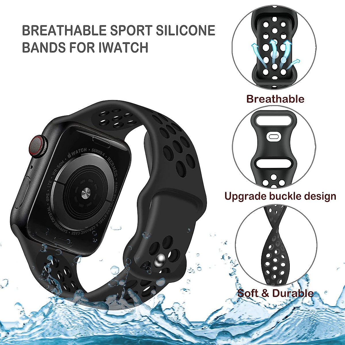 Elaikement Compatible with Apple Watch Band 44mm 45mm 49mm 42mm 41mm 40mm 38mm Men Women, Breathable Silicone Sport Wristband Strap for iWatch Bands Series 9/8/7/6/5/4/3/SE/Ultra, Anthracite Black