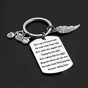 Gzrlyf Motorcycle Memorial Keychain Biker Memorial Gifts for Loss of Father Son Husband Sympathy Gifts He’s up in Heaven Now (Memorial Keychain)