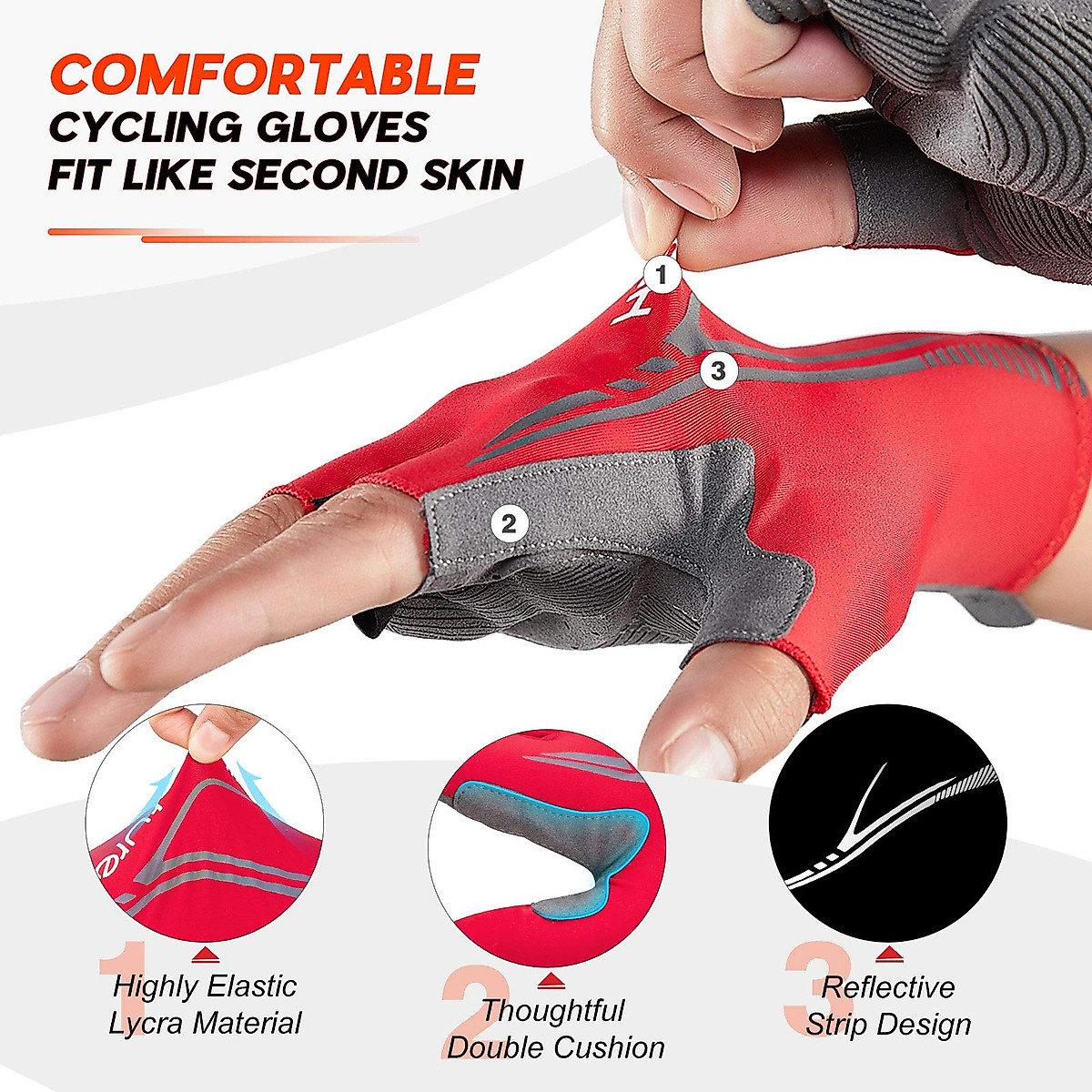 Hikenture Cycling Gloves for Men Women Mountain Road Bike Gloves Half Finger Padded Bicycle Glove (Red, XL)