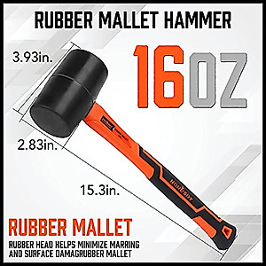 HORUSDY 16 oz Rubber Mallet Hammer, Fiberglass Rubber Mallet Handle (16oz Rubber Mallet)