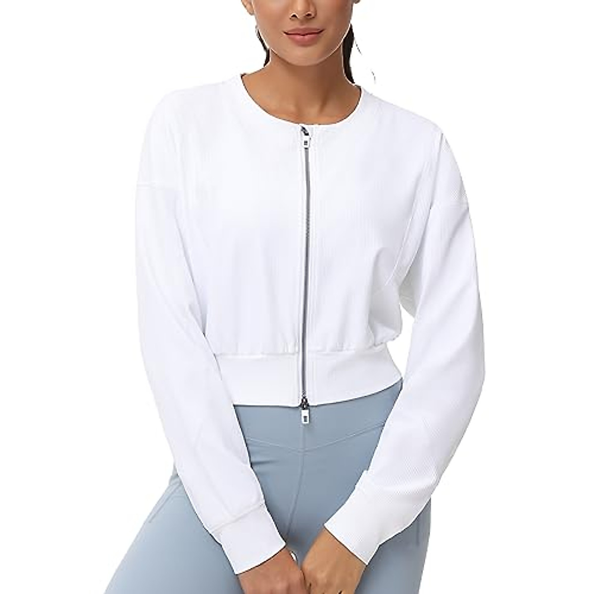 THE GYM PEOPLE Women's Cropped Jackets Full Zip Long Sleeve Ribbed Workout Sweatshirts Lightweight Casual Tops White