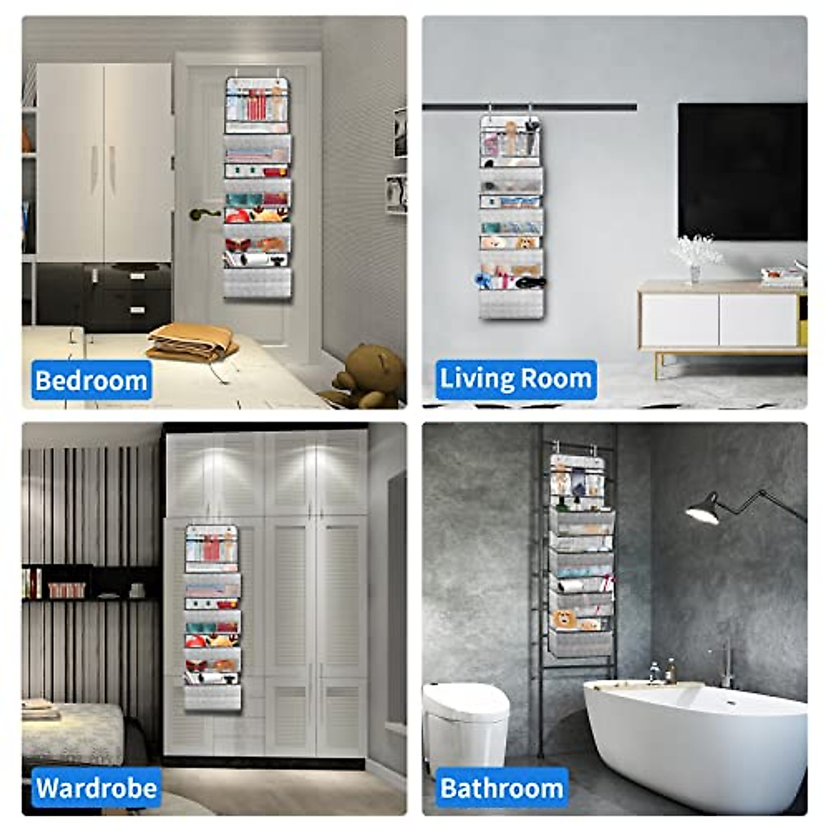 WTY Over The Door Organizer,5-Shelf Over Door Hanging Organizer with 4 Large Pocket,3 PVC Pockets and 2 Metal Hooks, Foldable Wall Mount Fabric Storage for Pantry Nursery Bathroom Closet 50x16x5 inch