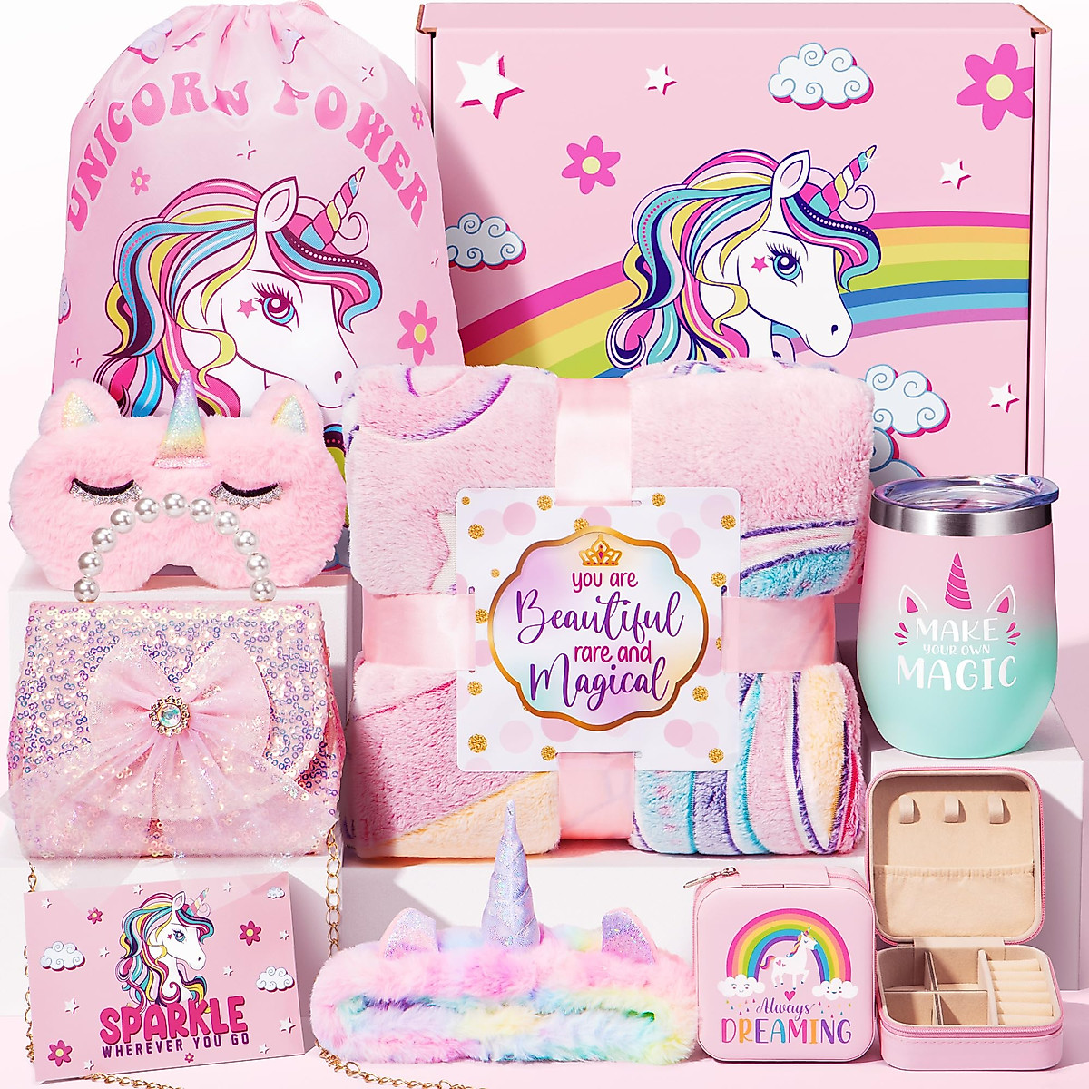 Trabuono Birthday Gift for Girls Age 6-8, Unicorn Toys for Girl Basket for 4 5 6 7 8 9 10 11 12 Year Old Kids Tween with Glow in The Dark Blanket Crossbody Bag Purse Cup Jewelry Box