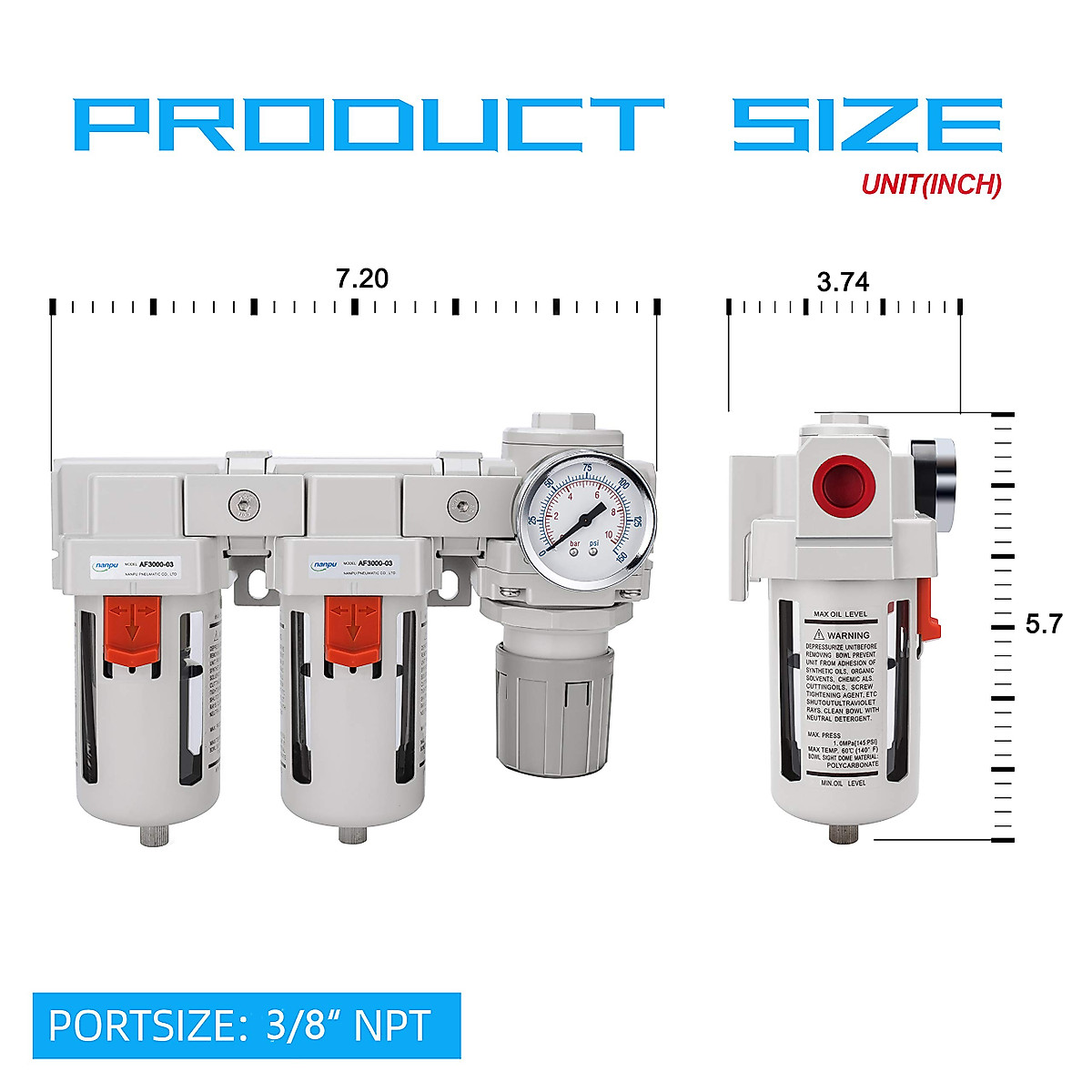 NANPU DFR-03 3/8" NPT Air Drying System - Double Air Filters, Air Pressure Regulator Combo - Semi-Auto Drain, Poly Bowl
