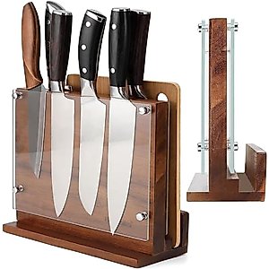 Kitchen Magnetic Knife Block with Acrylic Shield Acacia Wood Double Side Knife Holder Rack Stands with Strong Enhanced Magnets Multifunctional Storage Knife Stand for Kitchen Cutlery Display Organizer