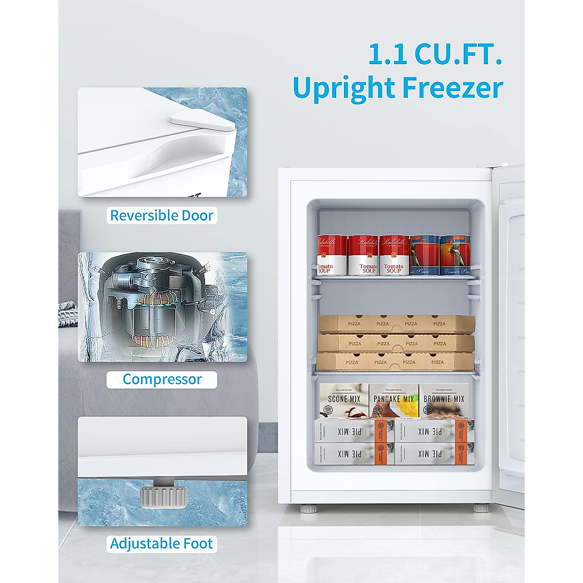 2.1CU.FT Compact Upright Freezer, Mini Freezers Reversible Single Door Table Top for Ice Cream/Breast Milk/Sea Food, Adjustable Removable Shelves, (White)…