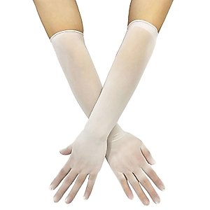 KKmeter Women's Seamless Nylon Mesh Ultra-thin Sheer Opera Length Glove Mittens (White)