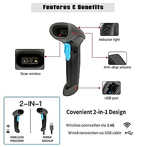 2D 1D 2.4G Wireless Bar Code Scanner Versatile 2 in 1 (Wireless+Wired) for Computers PC, UNIDEEPLY Automatic Barcode Reader Scanner 196 Feet Indoor Transmission Distance, QR PDF417 Scanning Gun, Black