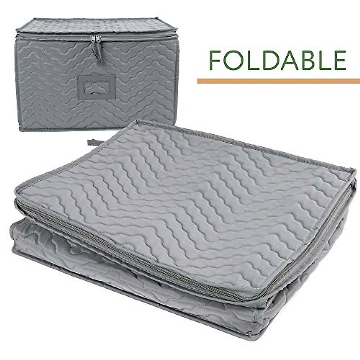 LotFancy Stemware Storage Containers, 2-Pack, Deluxe Quilted Storage Case with Dividers for 24 - Wine Glasses, Champagne Flutes, Glassware, Drinkware Storage Box Chest, 15.5”x12.5”x 10”, Gray
