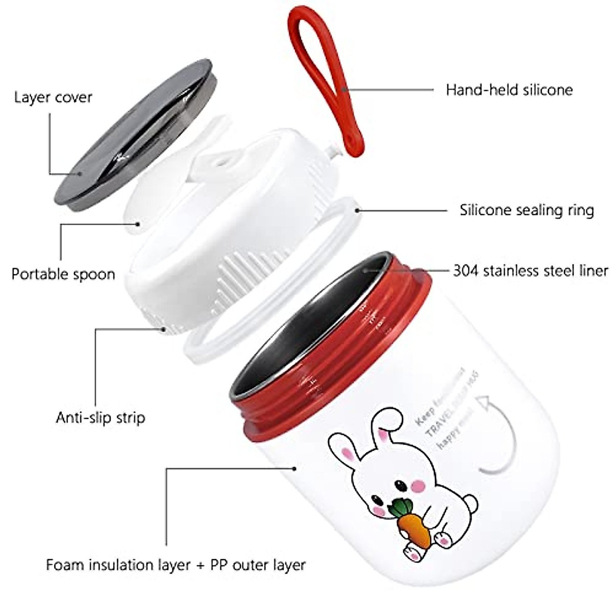 Yanglonghui Thermos with Foldable Spoon, Stainless Steel Thermal Food Container Soup Cup Leak Proof Insulated Lunch Box Hot Cold Food for Office Picnic Travel (White)