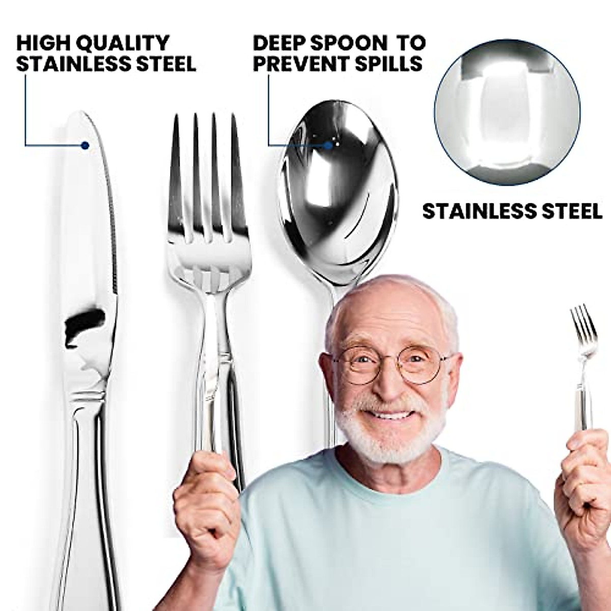 BunMo Weighted Utensils for Tremors and Parkinsons Patients - Heavy Weight Silverware Set of Knife, Fork and Spoon - Adaptive Eating Flatware (3 Pieces)