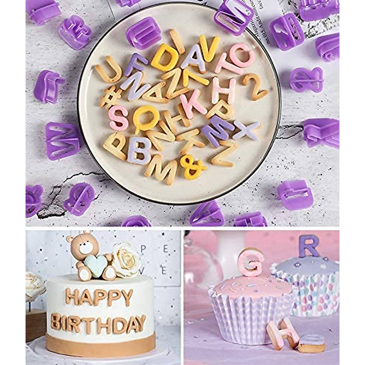 40pcs Alphabet Cookie Cutters Set Purple Plastic Letter Icing Cake Decorating Fondant Number Cutters Mould Tools for Sugarcraft Biscuit Pastry Plunger Baking