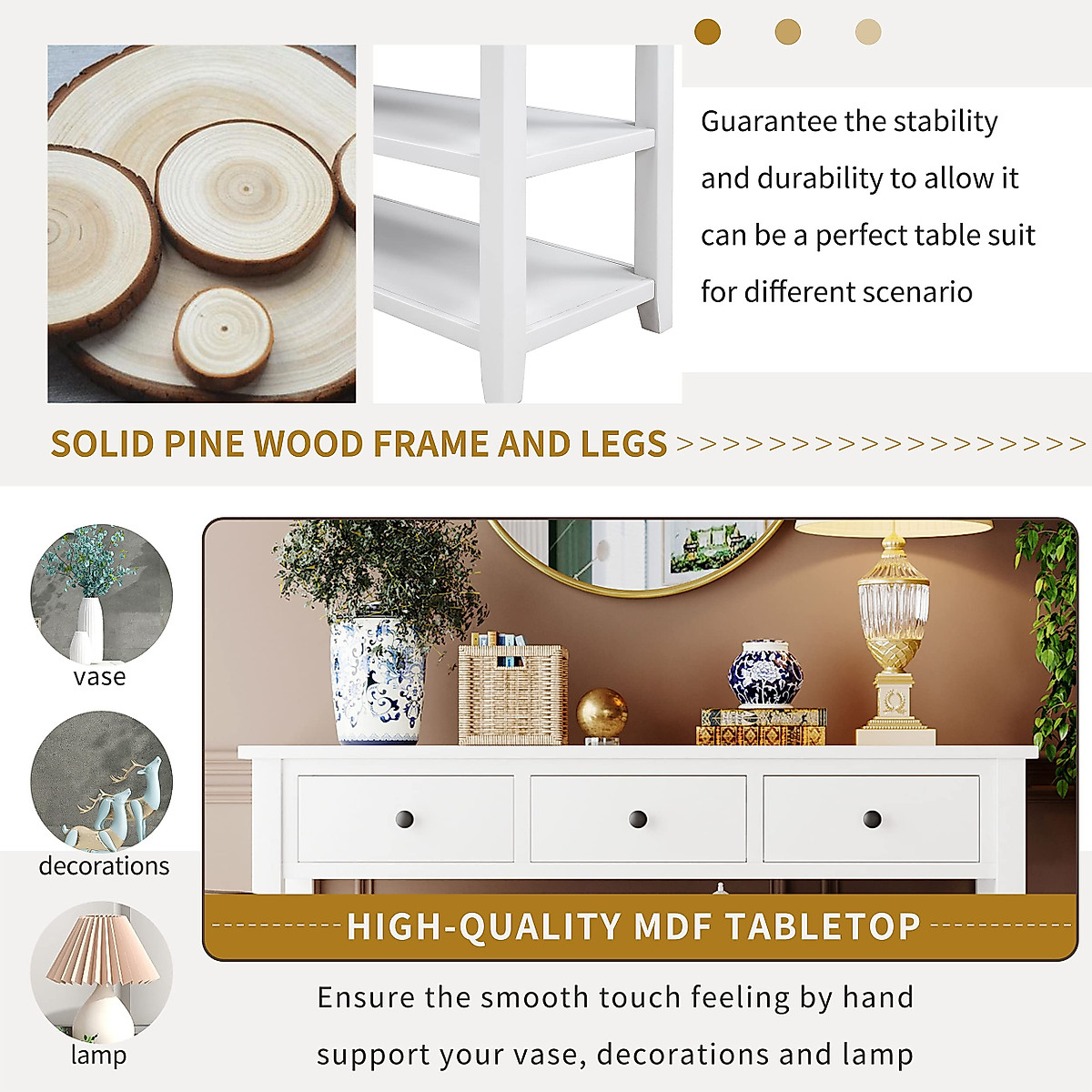 Merax Antique White Farmhouse Wood Table for Hallways Entryway Narrow Foyer Sideboard with Drawers and Bottom Shelves Easy Assemble, Type 11