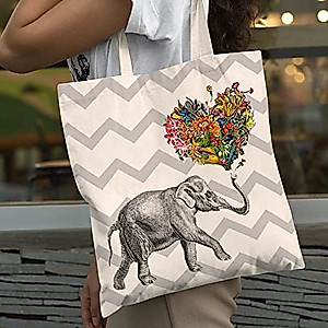 Light Grey Geometric Ripples Elephant and Heart Flower Canvas Tote Bag School Book Bag Shopping Shoulder Bag for Women Girls