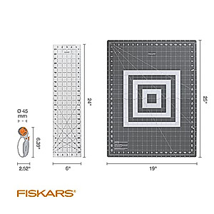 Fiskars 3 Piece Rotary Cutter Set, 45 mm Blade Rotary Fabric Cutter, Fabric Cutting Mat, Ruler for Sewing, Crafts, White/Grey