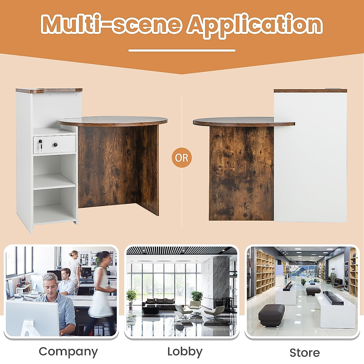 Tangkula Reception Desk, Front Counter Desk with Lockable Drawer & Adjustable Shelf, Oval Desktop, Retail Counter for Checkout, Computer Workstation for Salon Lobby Office, Home Office Desk