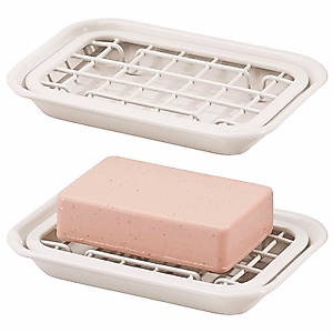 mDesign Metal 2-Piece Soap Dish Tray with Drainage Grid and Holder for Kitchen Sink Countertops to Store Soap, Sponges, Scrubbers - Rust Resistant - 2 Pack - Cream/Beige