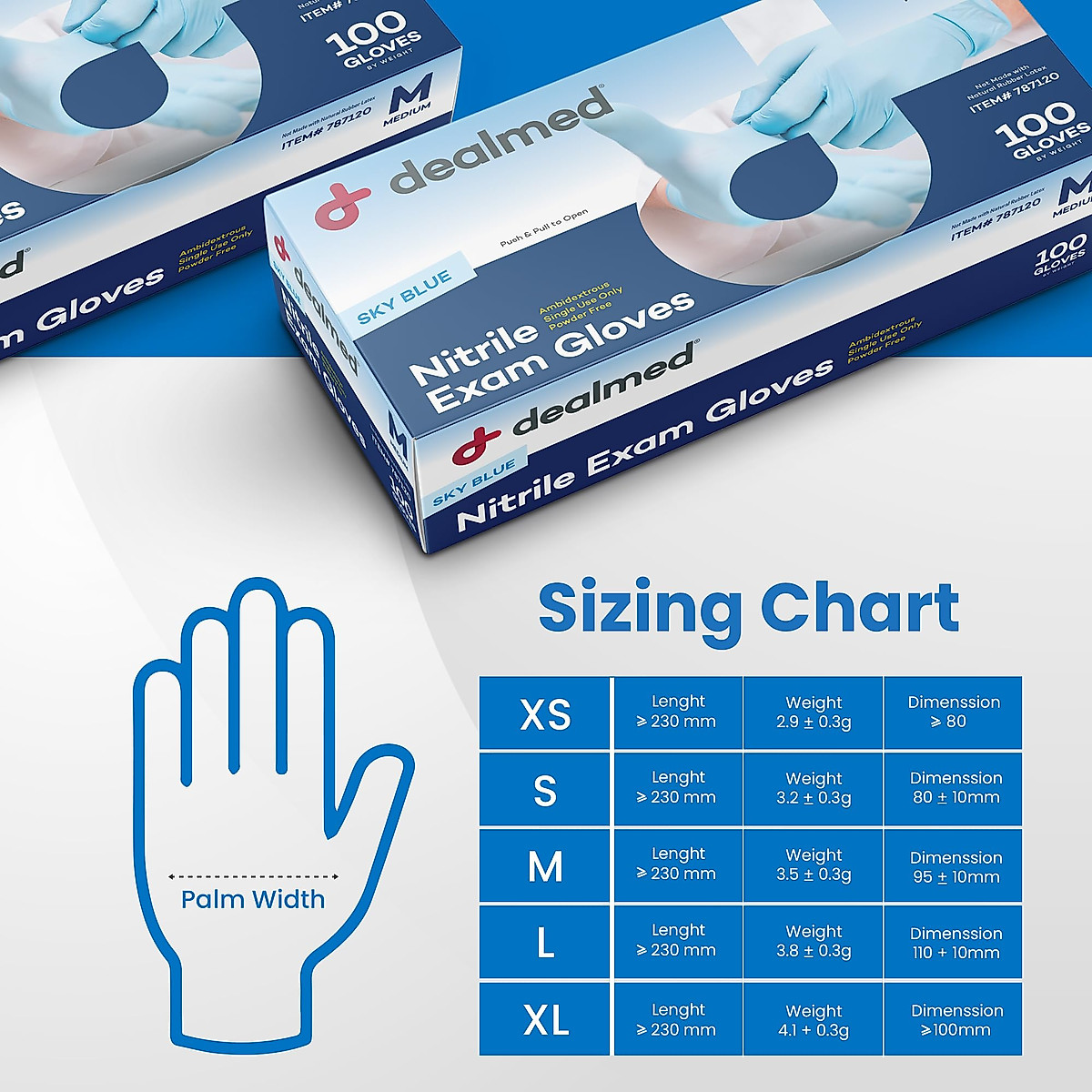 Dealmed Nitrile Exam Gloves | Powder-Free, Latex-Free Medical Gloves | Disposable Gloves for Food Prep, Cleaning, Tattoo, Hair Dye, Medical & Surgical Use | Sky Blue, Small - 100/Box (Pack of 1)