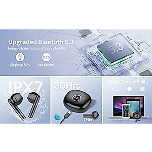 Truee Wireless Earbuds 37H Long Battery Life 5.3 Bluetooth Earbuds Black Wireless Headphones IPX7 Waterproof Ear Buds Fast Charging for Sport Mini Light Stereo Bluetooth Earphones Support iOS Android