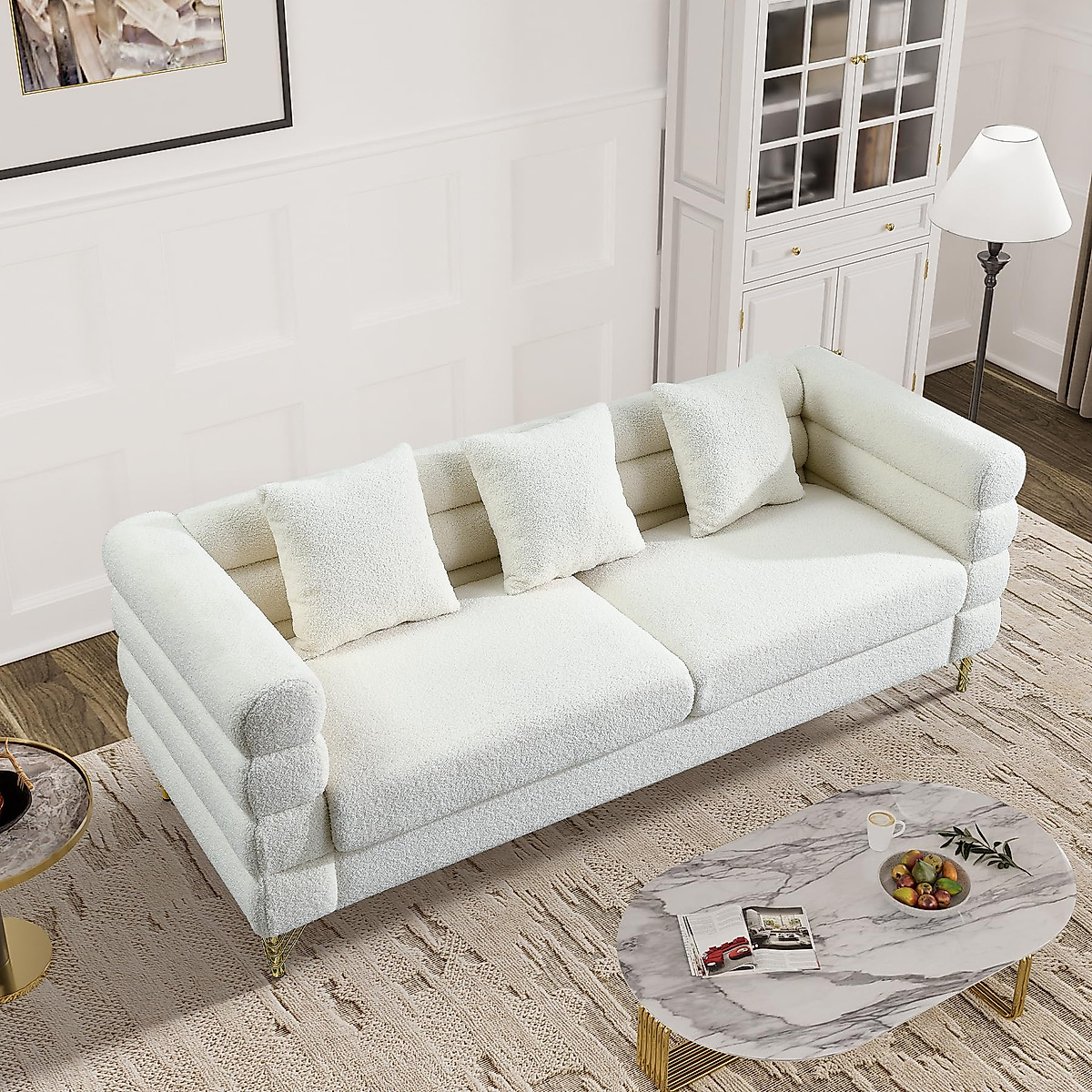 OUYESSIR Cloud Sofa Couch for Living Room, 79" Comfy Deep Seat Boucle Sherpa Sofa with 3 Pillows and Gold Legs, Modern Upholstered 3 Seater Large Loveseat for Bedroom Office, Beige White Teddy