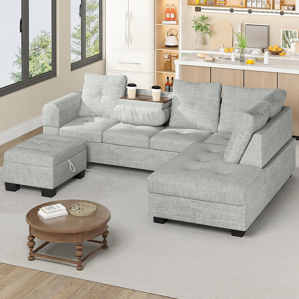 AWQM Modular Sectional Sofa with Ottoman, Fabric L-Shaped Couch with Chaise & Cup Holders, Living Room Furniture Sets Sectional Sofa Set, 6 Seat Corner Couch Sofa for Living Room, Apartment