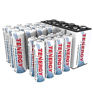 Tenergy Premium High Capacity NiMH Rechargeable Battery Combo, Includes 12xAA 8xAAA 4x9V Rechargeable Batteries, 24 Pack