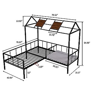 RIDFY Bed Frames with Seating Area, Modern Twin Platform Bed Frame with House Roof, Metal Bedframe, Camas Mattress Foundation/Noise Free/No Box Spring Needed/Easy Assemble