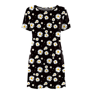 Bblulu Women's Short Sleeve T Shirt Dress Summer Floral Print Loose Casual Tunic Swing Dress Mini Pleated Beach Dresses