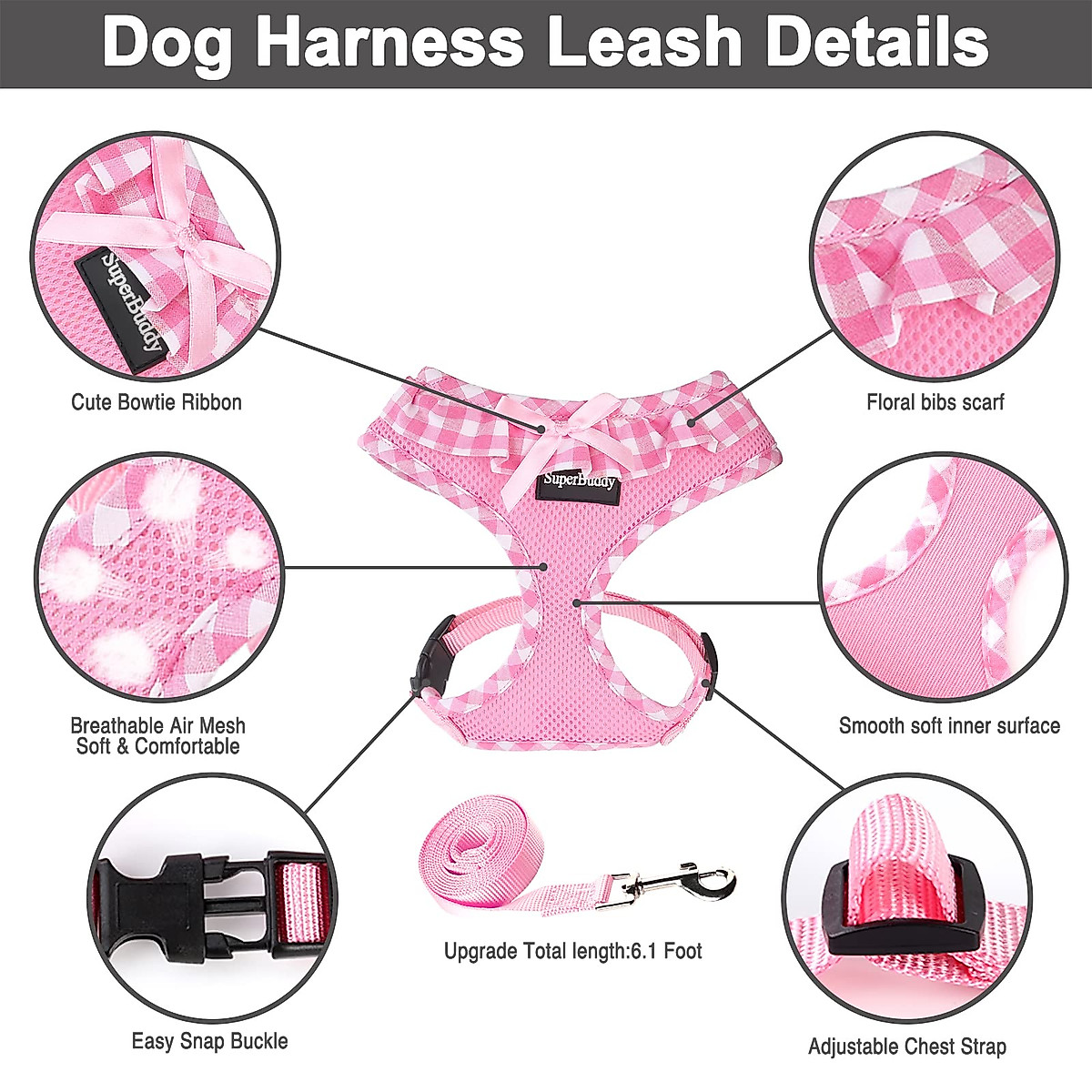 SuperBuddy Upgraded Soft Mesh Dog Harness, Super Breathable Lightweight Pet Harnesses for Puppy Dogs Outdoor Walking, Pink Dog Harness and Dog Leash Set Packing -Medium