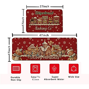GAGEC Christmas Kitchen Rug Gingerbread Family Red Kitchen Mat Set of 2 Merry Christmas Winter Farmhouse Party Floor Mat for Home Kitchen Bathroom Decorations - 17x27 and 17x47 Inch