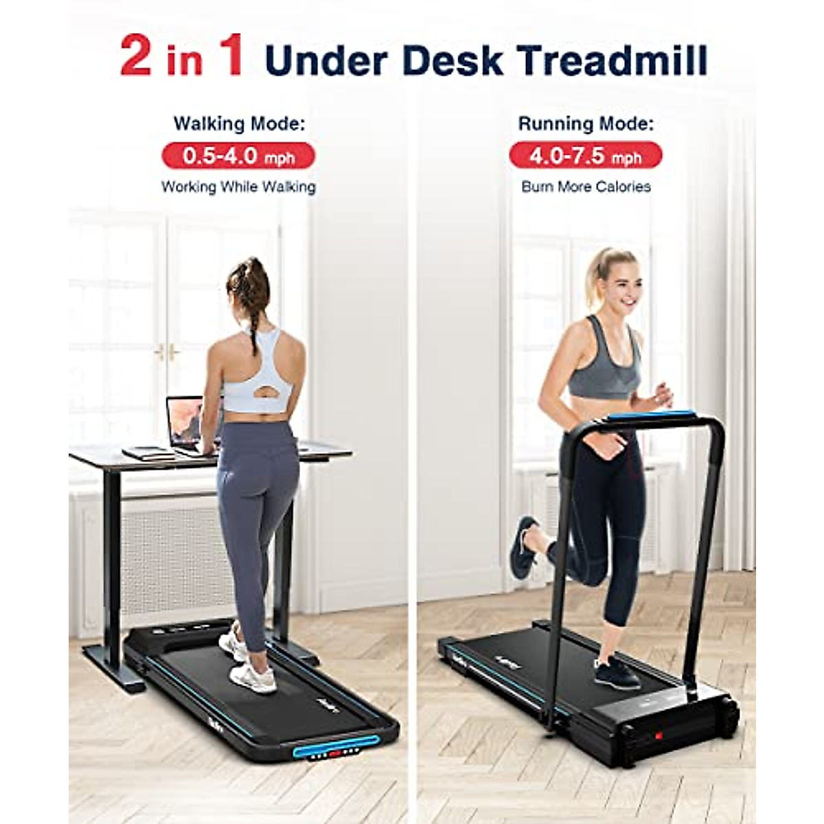 REDLIRO Under Desk Treadmill, 2 in 1 Motorized Portable Foldable Treadmill Compact Fold Up Walking Pad, Sturdy Folding Treadmill for Small Space with Remote Control, LED Display for Home & Office Use