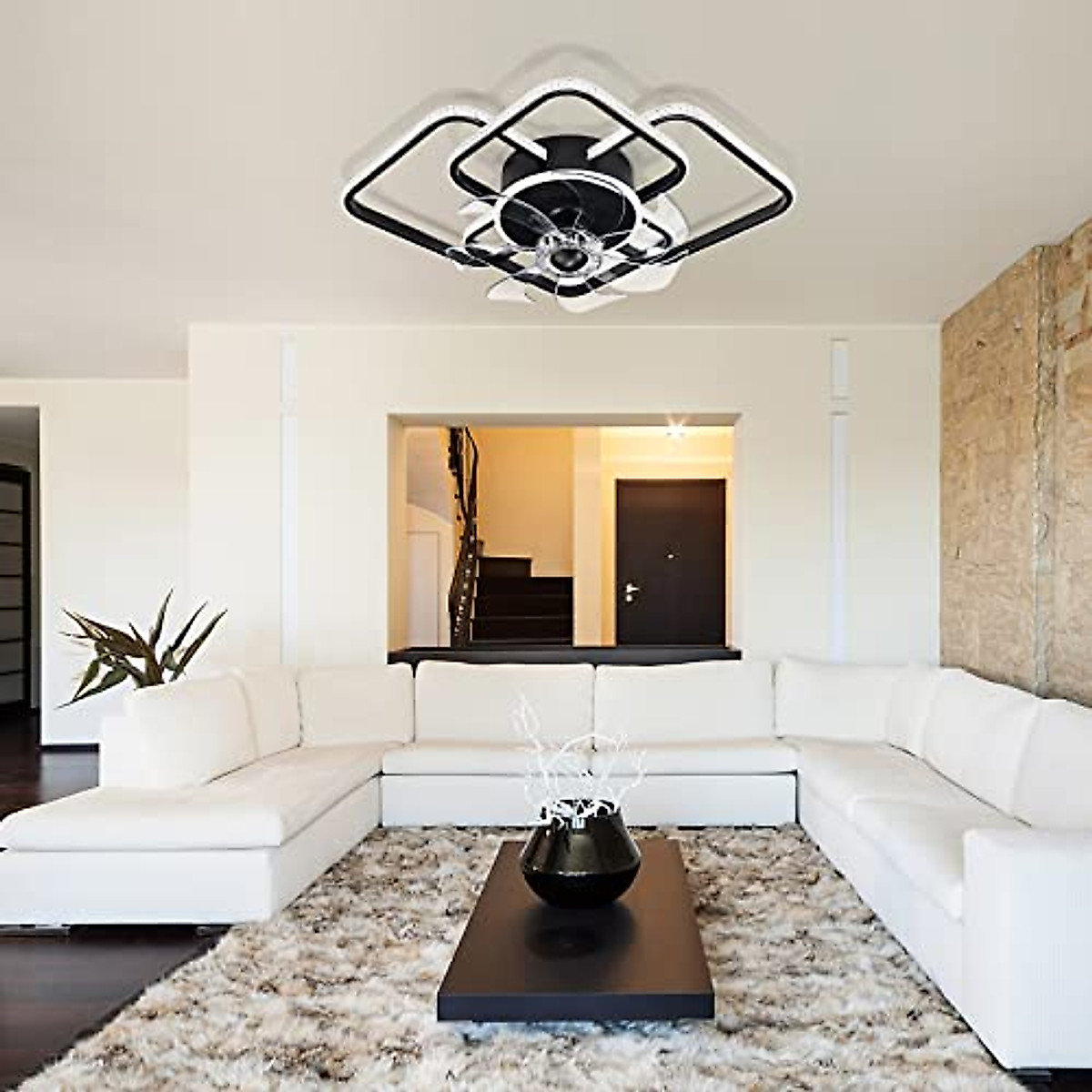 Ceiling Fans with Lights,27" Modern Flush Mount Ceiling Fan with Geometric Dimmable LED Light,Remote Controlled Ceiling Fan 6 Speed Adjustable Smart Ceiling Fans for Bedroom Living Room Decoration