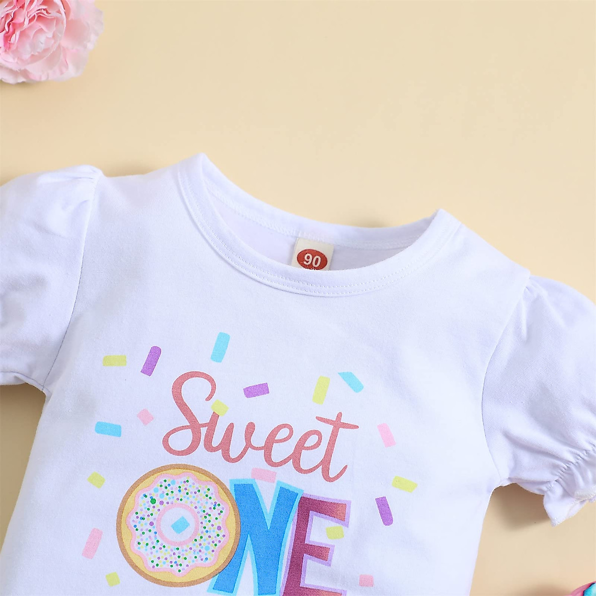 GRNSHTS Baby Girl Birthday Clothes Sweet One Letter Short Sleeve Romper+Donuts Flared Pants+Headband 3Pcs Cake Smash Outfits (Donuts White,9-12M)