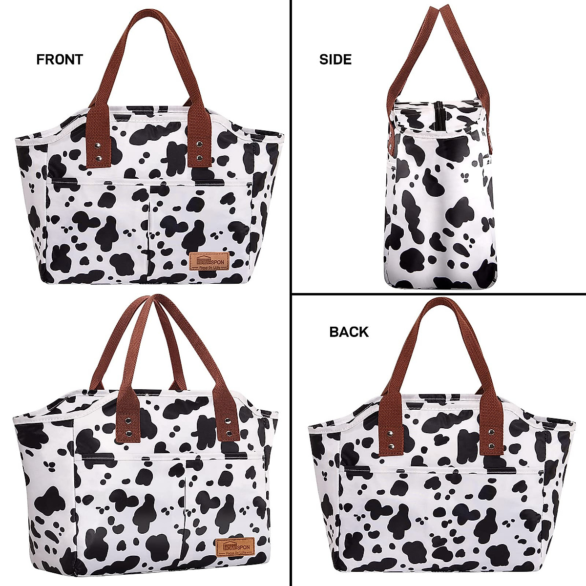 HOMESPON Fashionable Tote Reusable Insulated Lunch Bag Cooler Box with Pockets for Woman Man Work Shopping or Travel(Cow)