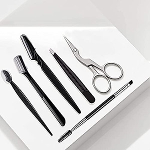 FITDON Eyebrow Grooming Set, Professional Slant Tip Tweezers & Curved Stainless Steel Scissors & 3PCS Brow Razors Trimmer & Duo Angled Eyebrow Brush with Spoolie black,sliver