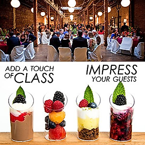 DLux 32 x 2.5 oz Mini Dessert Cups with Spoons, Slanted Round - Clear Plastic Parfait Appetizer Cup - Small Reusable Serving Bowl for Tasting Party Desserts Appetizers - With Recipe Ebook