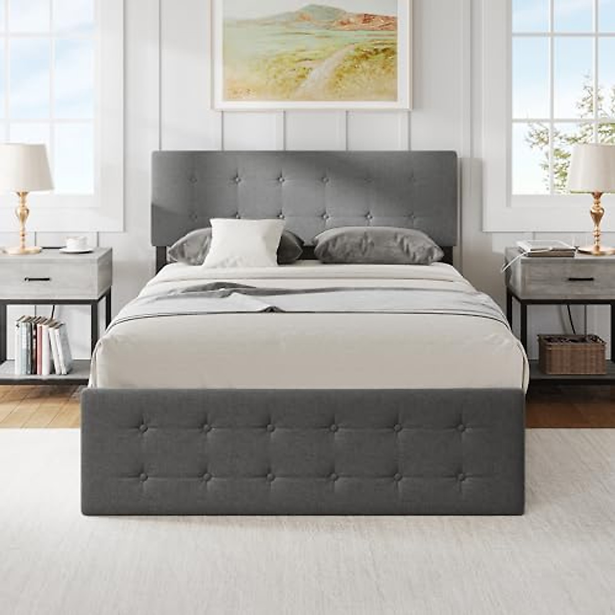 GAOMON Queen Bed Frame with Storage, Grey Bed Frame Queen Size with 4 Drawers and Headboard, Platform Bed Frame with Large Storage, No Box Spring Needed, Noise-Free, Easy Assembly