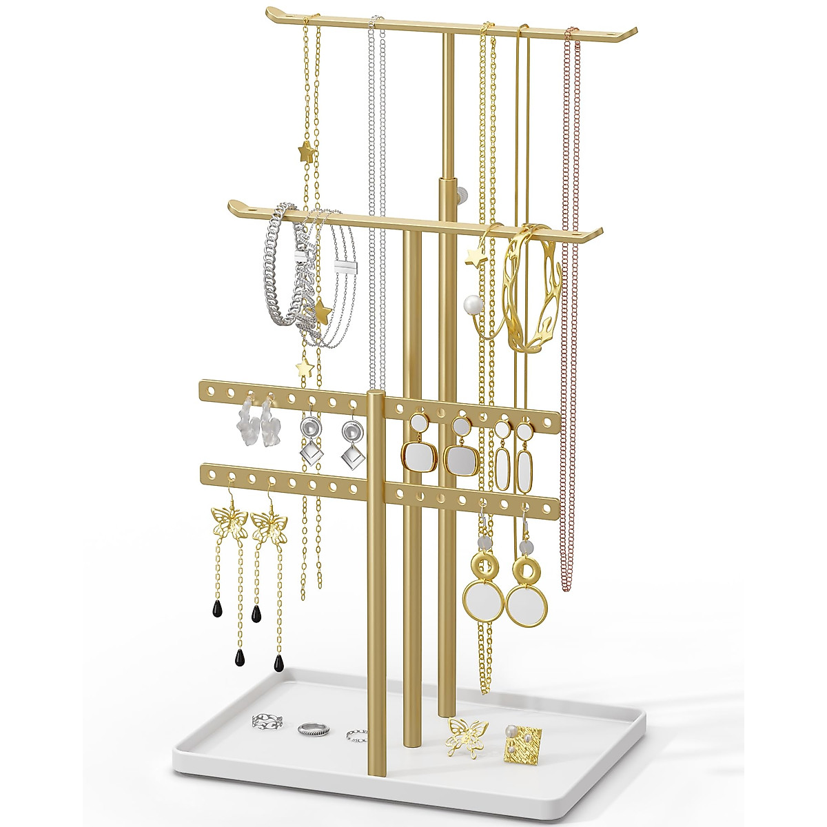 susswiff Jewelry Holder Organizer Stand - Adjustable Jewelry Tree 17.5" Height (Max), Jewlery Hanger for Necklaces, Bracelets, Earrings, Aesthetic for Storage and Display, Metal, Gold and White