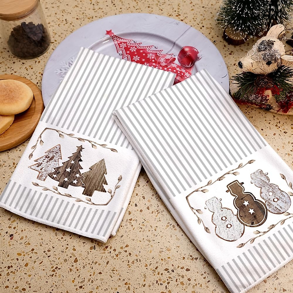 ARKENY Christmas Kitchen Towels Set of 2,Beige Xmas Tree Snowman Dish Towels 18x26 Inch,Hoilday Farmhouse Home Decoration AD098