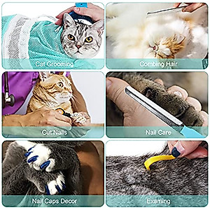Cat Bag for Bathing 8 PCS Set with Cat Shower Net Bag Adjustable Pet Grooming Brush Nail Clipper Nail File Hair Combs Tick Tool Nail Caps, Nail Trimming Bath Cleaning Supplies Kit for Cats & Dogs