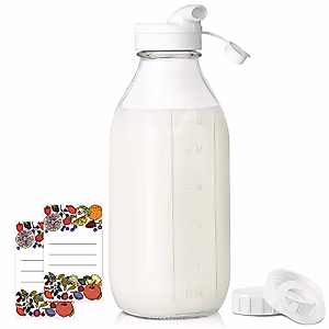 Syntic Square Liter Glass Milk Bottles with Airtight Lid - 100% Airtight Heavy Duty Screw Lid, 32 Oz Glass Juice Bottles w Scale Mark, Reusable Glass Jars for Homemade Juice(Extra 1 Lid and Pen)