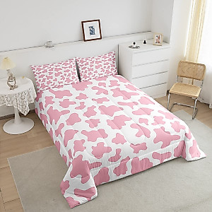 Kid Cartoon Bedding Set Pink Cow Print Duvet Insert Twin,Milk Cow Animal Cowhide Comforter Set Farm Animals Quilted Duvet for Toddler Teen Boys Girls Farmhouse Bull Cattle Kawaii Room Decor